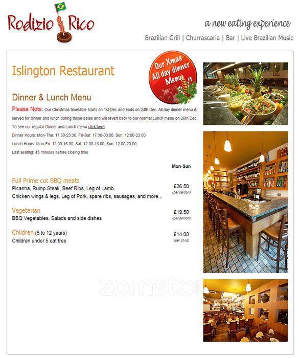 Menu at Rodizio Rico restaurant, London, The Screen on the Green