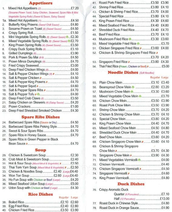 Menu at The Golden Tiger restaurant, London, 54 Honor Oak Park