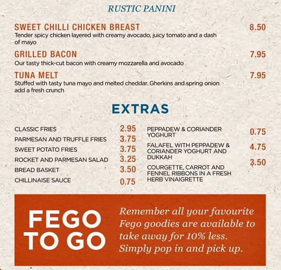 Menu at Fego cafe, Cobham, 14 Anyards Rd