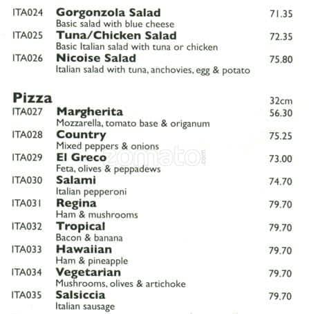 Menu at Italian trattoria restaurant, Johannesburg, Grant Avenue