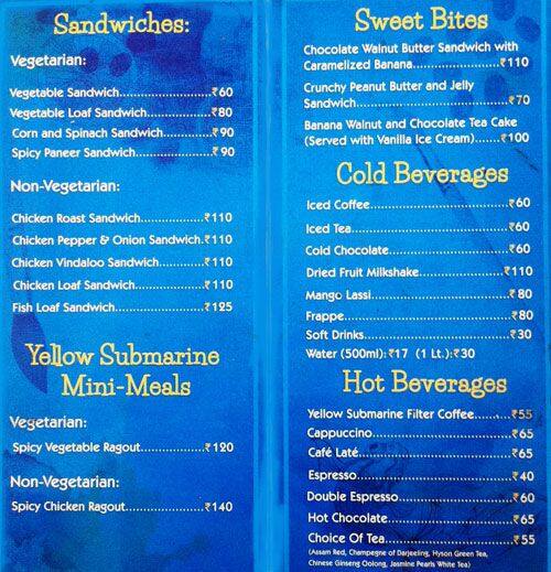 Menu at Yellow Submarine, Hyderabad