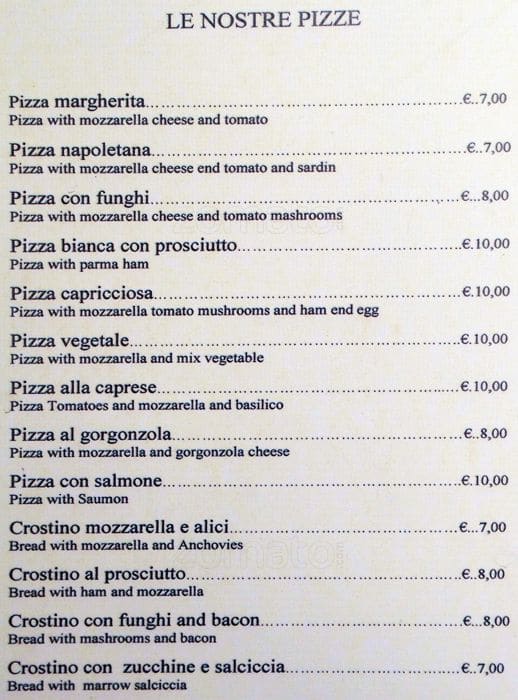 Menu da Ristorante Pizzeria Le Volte, Roma
