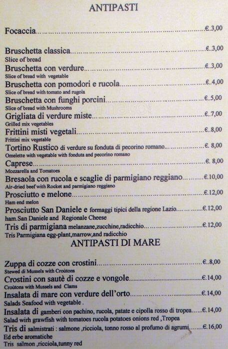 Menu da Ristorante Pizzeria Le Volte, Roma