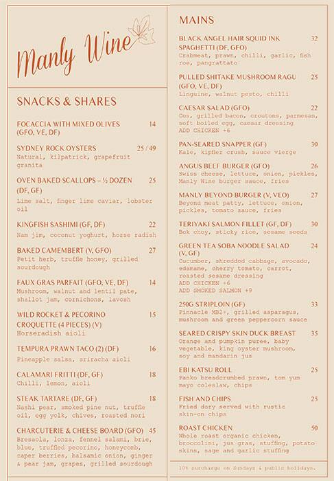 Menu at The Sebel Manly Beach pub & bar, Manly