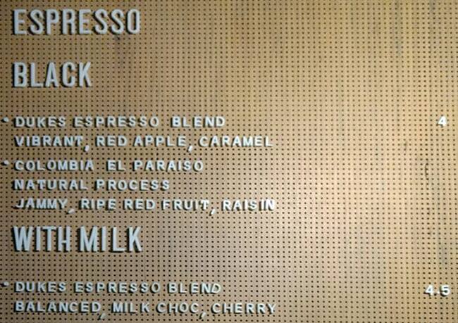 Menu at Dukes Coffee Roasters cafe, Melbourne, 247 Flinders Ln
