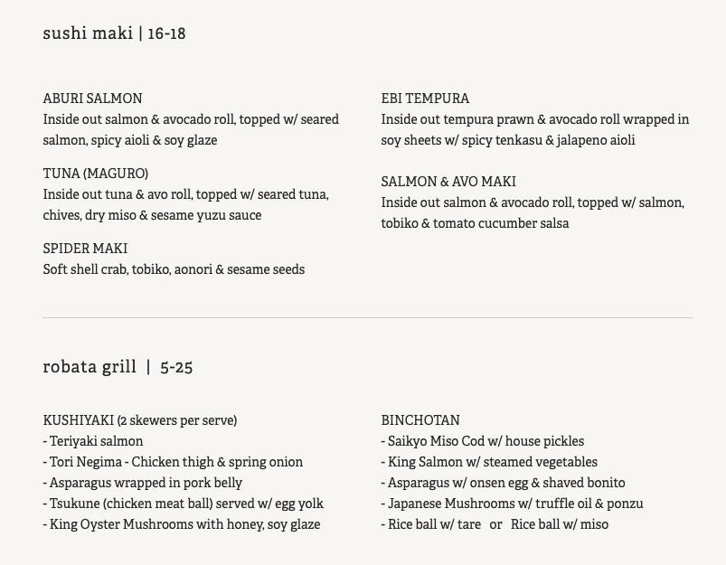 Menu at Etsu Izakaya restaurant, Mermaid Beach