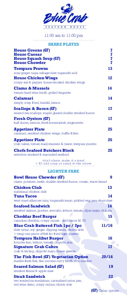 Menu at Blue Crab Seafood House restaurant, Victoria, 146 Kingston St