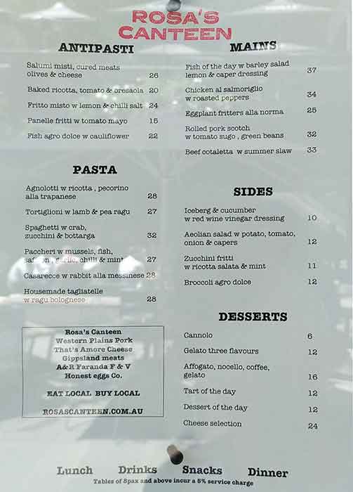 Menu at Rosa's Canteen restaurant, Melbourne