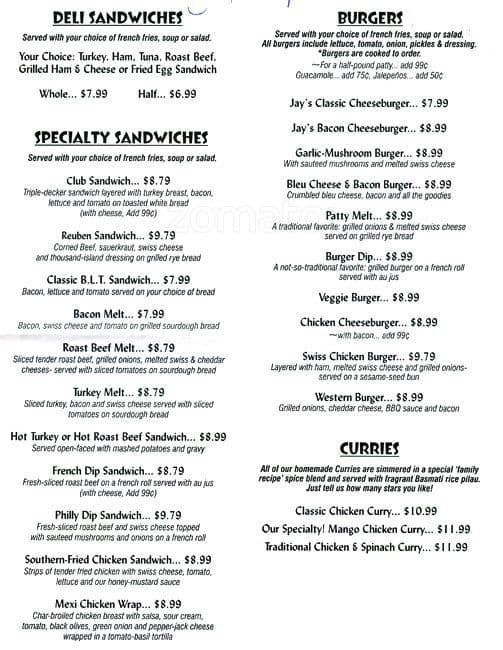 Menu at Jay's Cafe, Kenmore