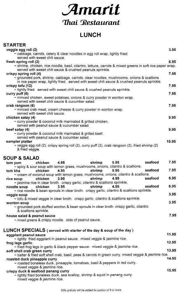 Menu at Amarit Thai Restaurant, Palm Harbor