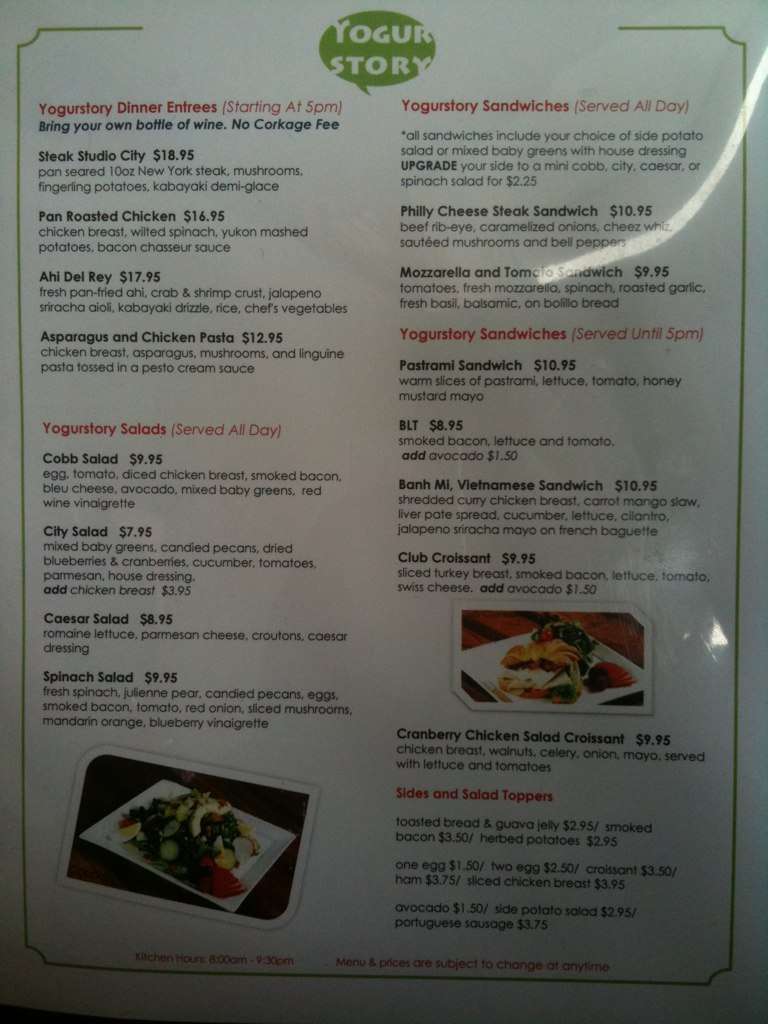 Menu at YogurStory restaurant, Honolulu, 745 Ke’eaumoku St