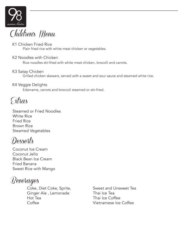 Menu at 98 Asian Bistro restaurant, High Point