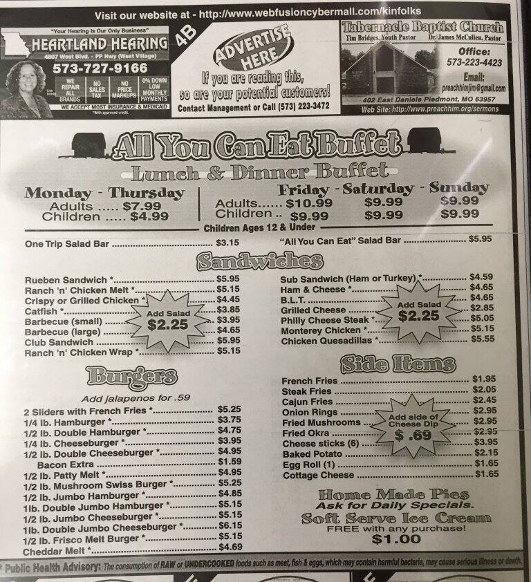 Menu at Kinfolks restaurant, Rayville, 139 Front St