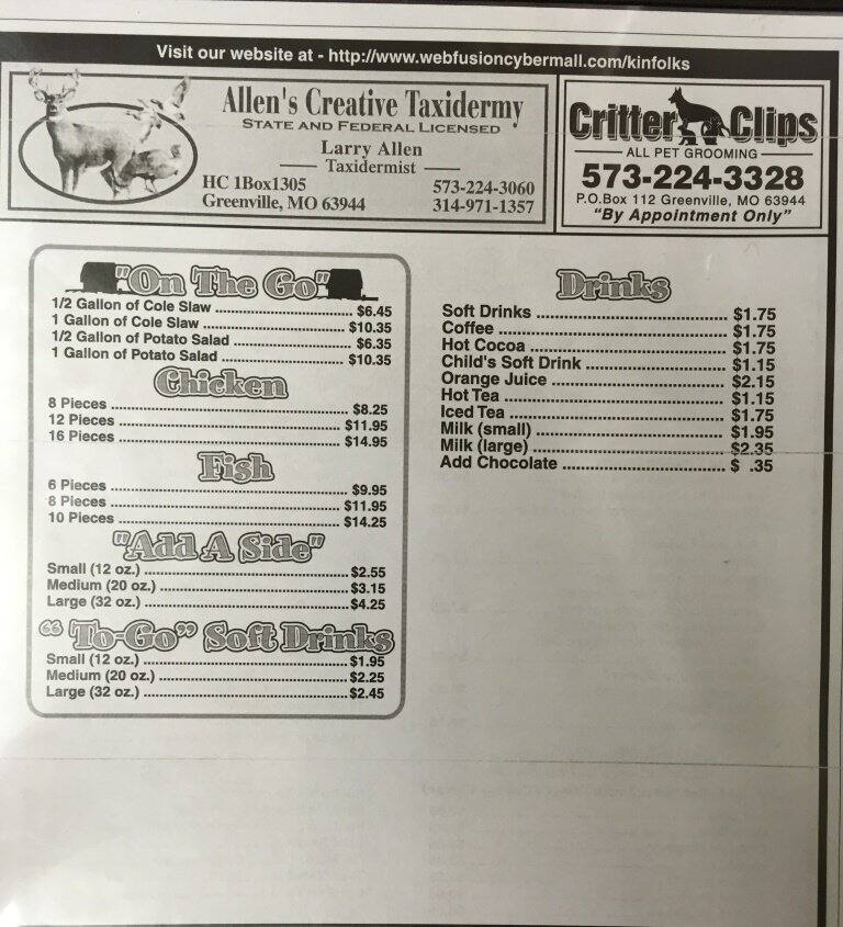 Menu at Kinfolks restaurant, Rayville, 139 Front St
