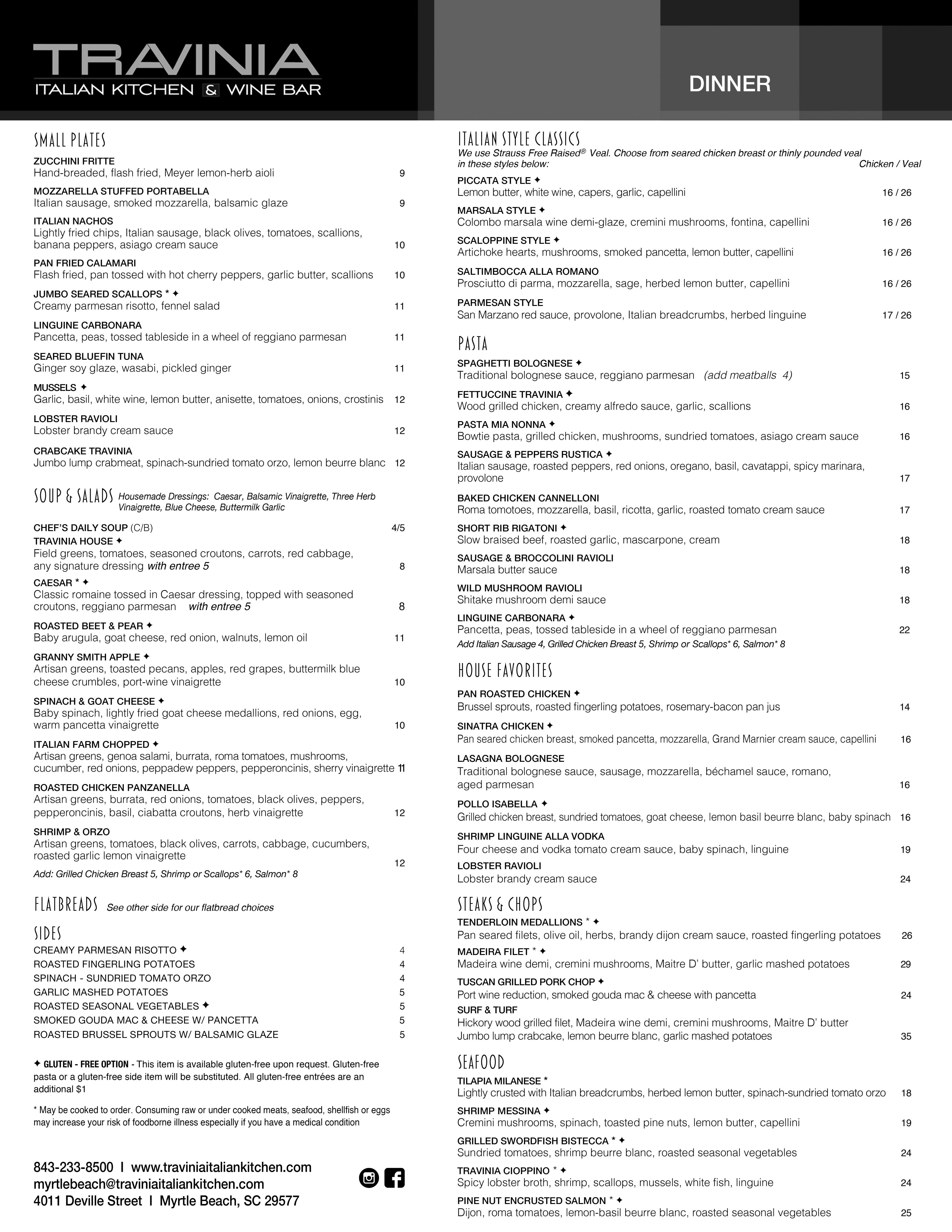 Menu at Travinia Italian Kitchen & Wine Bar, Myrtle Beach