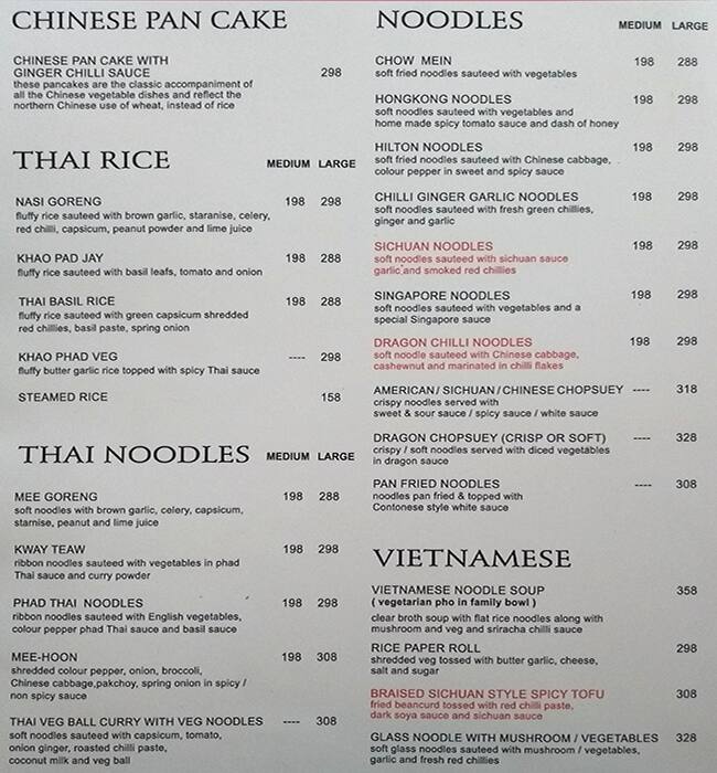 Menu at Flower Drum, Chennai