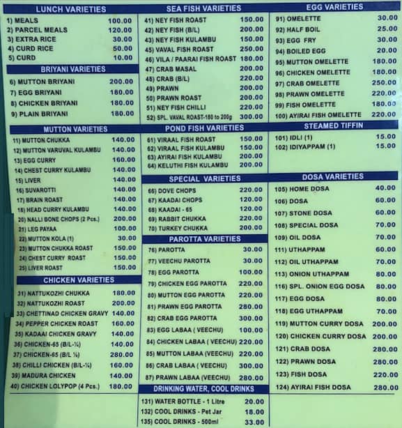 Menu of Kumar Mess, KK Nagar, Madurai