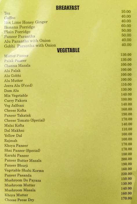 Menu of Milap Pure Vegetarian, Longwood, Shimla