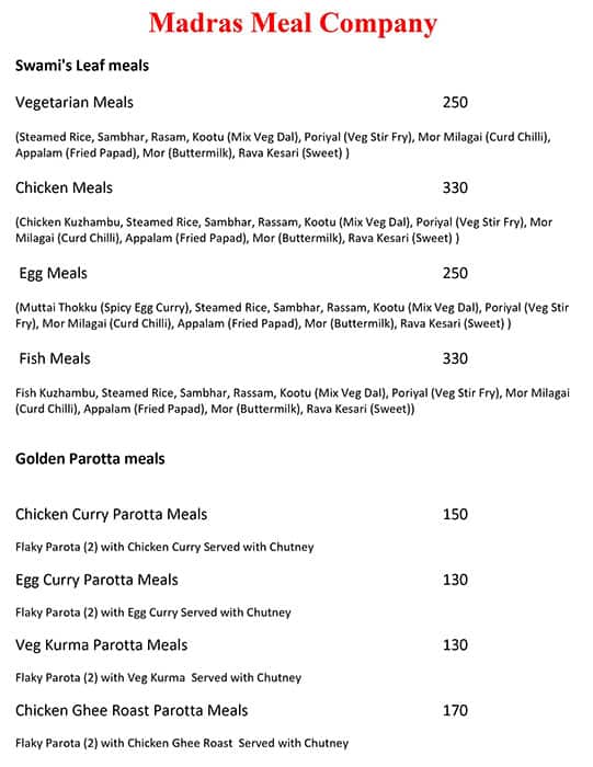 Menu at Madras Meal Company, Bengaluru, No. 28/2