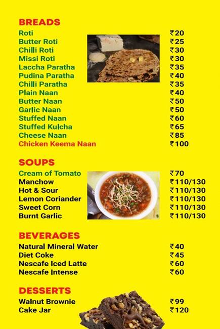 Menu at Pyramid Express, Shimla