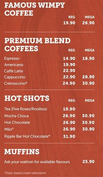 Menu at Wimpy cafe, Hermanus, Village Square