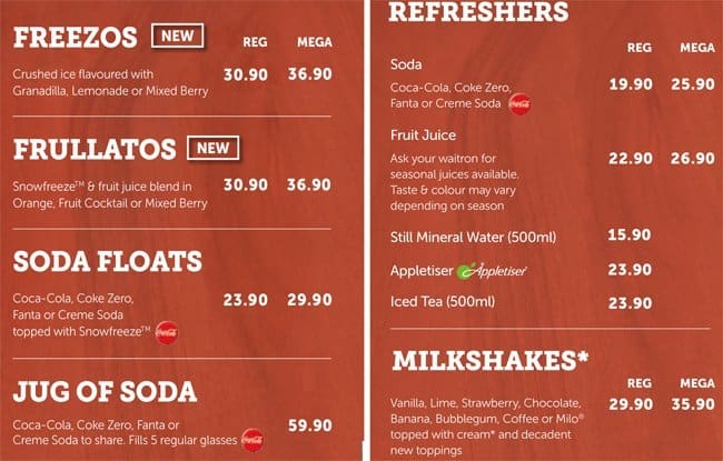 Menu at Wimpy cafe, Hermanus, Village Square