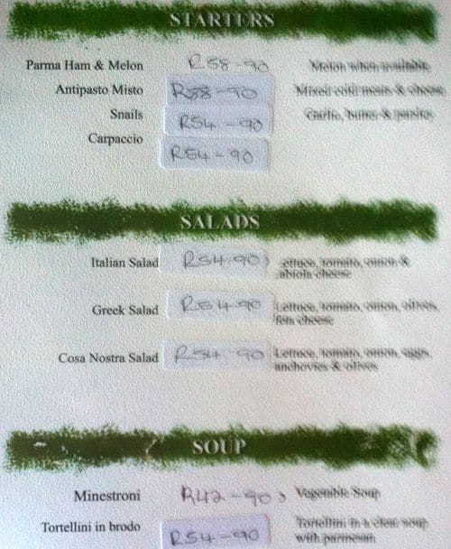Menu at Cosa Nostra restaurant, Johannesburg, Grant Centre