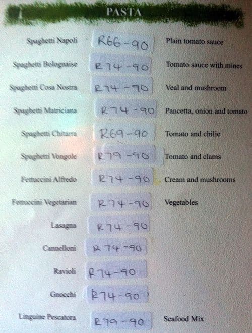 Menu at Cosa Nostra restaurant, Johannesburg, Grant Centre
