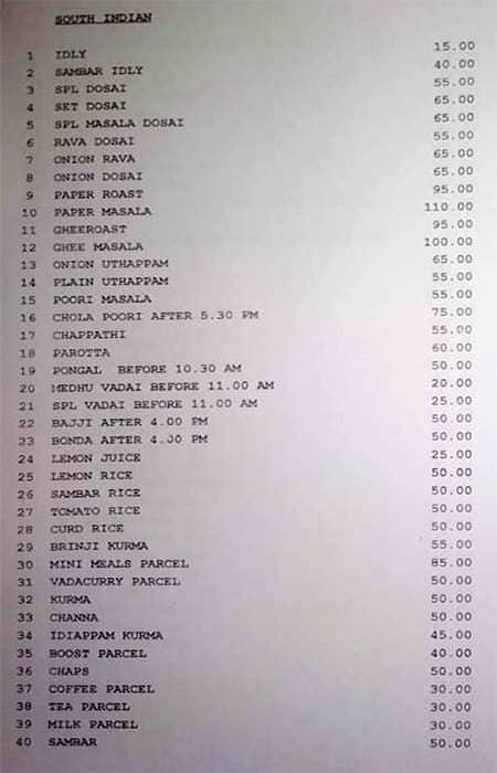 Menu at Sri Sindhu Bhavan, Chennai