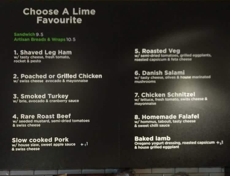 Menu at Lime Espresso cafe, Sydney