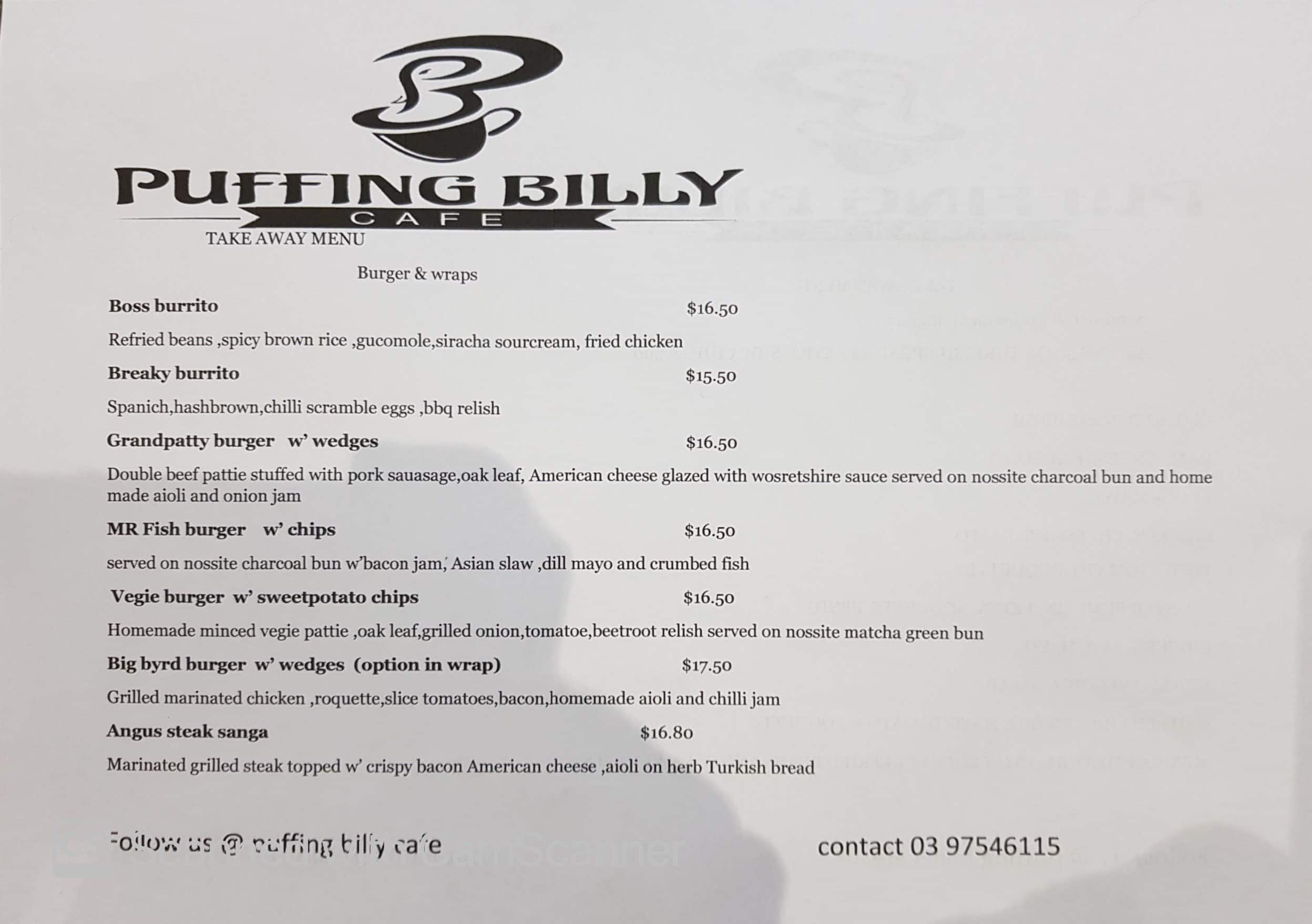 Menu at Puffing Billy Cafe, Belgrave, Burwood Hwy
