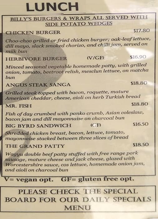Menu at Puffing Billy Cafe, Belgrave, Burwood Hwy