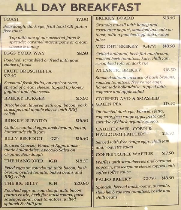 Menu at Puffing Billy Cafe, Belgrave, Burwood Hwy