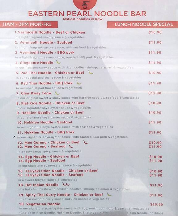 Menu at Eastern Pearl noodle Bar, Kew