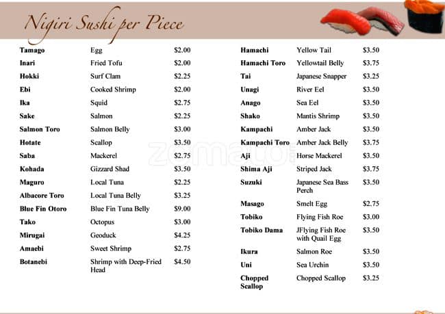 Menu at Seto Japanese Restaurant, Richmond