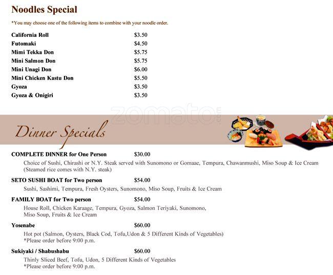 Menu at Seto Japanese Restaurant, Richmond