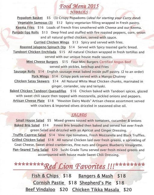 Menu at Red Lion British Pub, Houston