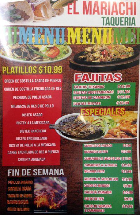 Menu at El Mariachi restaurant, Charlotte