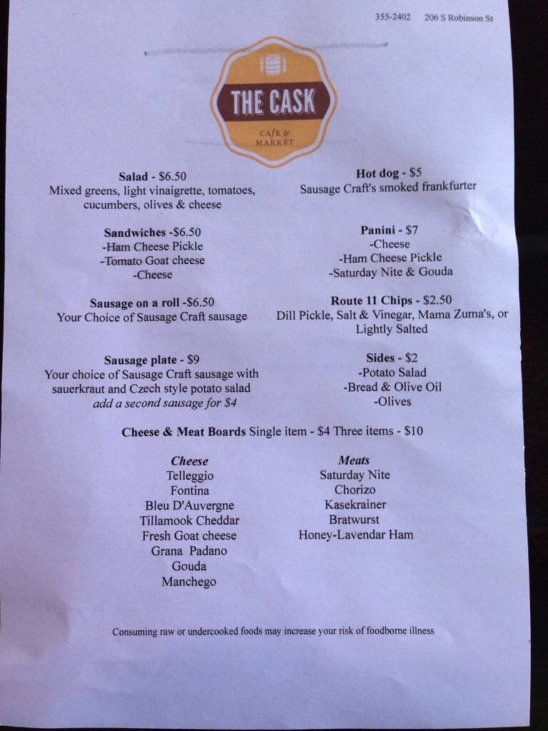 Menu at The Cask Cafe, Richmond