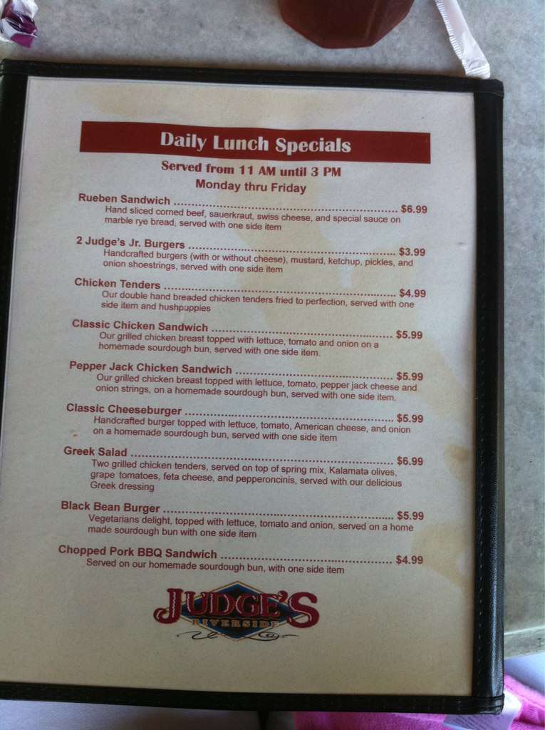 Menu at Judge's Riverside Restaurant, Morganton