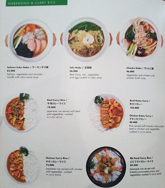 Menu at Midori restaurant, Bandung, Jl. Sultan Tirtayasa No.31