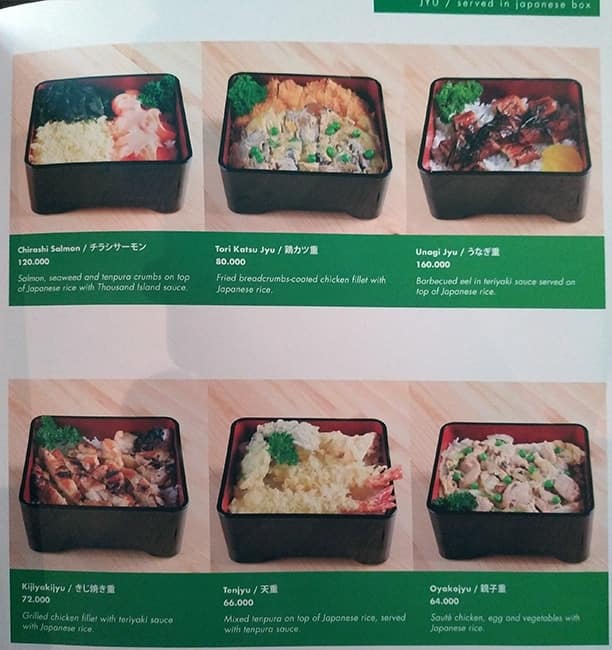 Menu at Midori restaurant, Bandung, Jl. Sultan Tirtayasa No.31