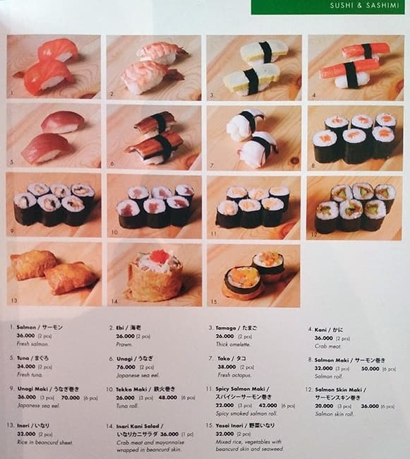 Menu at Midori restaurant, Bandung, Jl. Sultan Tirtayasa No.31