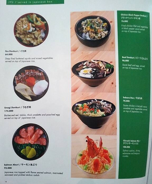 Menu at Midori restaurant, Bandung, Jl. Sultan Tirtayasa No.31