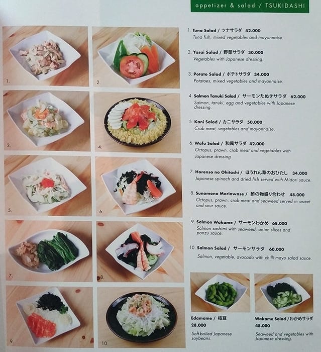 Menu at Midori restaurant, Bandung, Jl. Sultan Tirtayasa No.31
