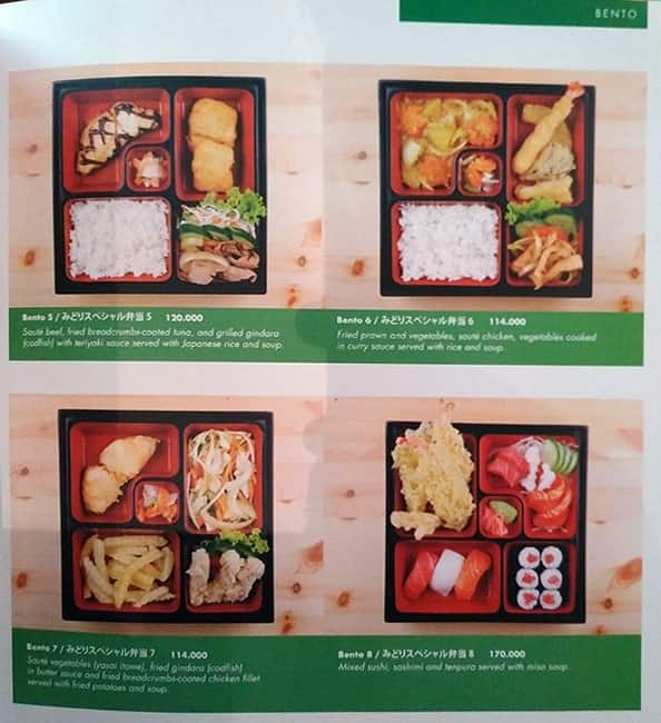 Menu at Midori restaurant, Bandung, Jl. Sultan Tirtayasa No.31
