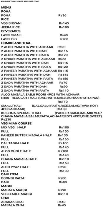 Menu at Krishna Thali House And Fast Food, Jaipur, 35-A