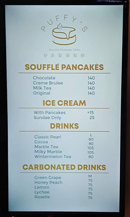 Carta de Puffy's Souffle Pancake Cafe, Ciudad Quezon, M23M+4JG