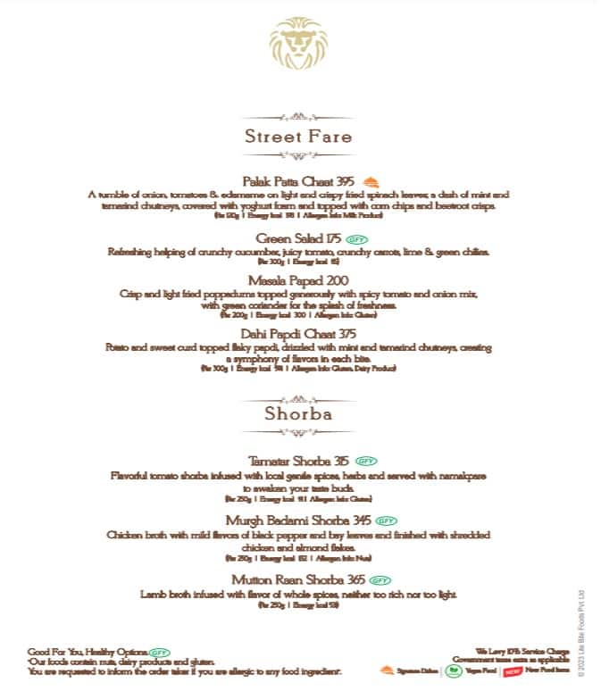 Menu of Punjab Grill, Aerocity, New Delhi