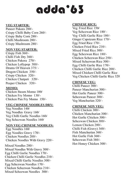 Menu of Adda' 63, Dum Dum, Kolkata